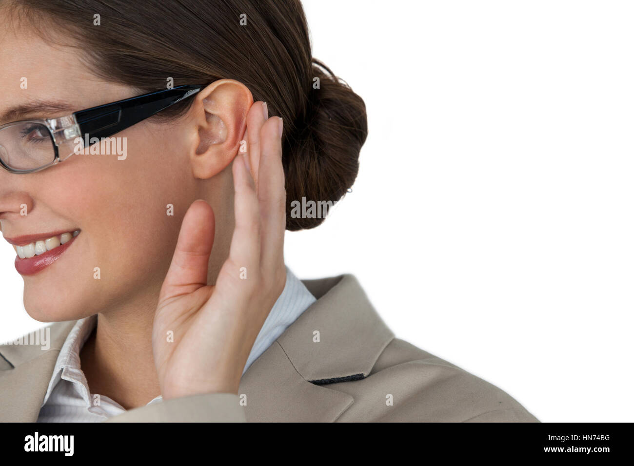 Business woman hand ear listening hi-res stock photography and images ...