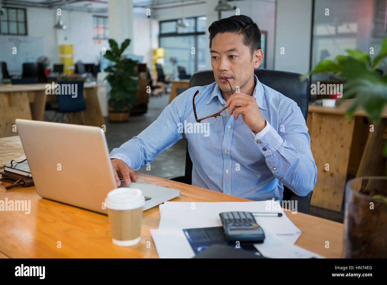 Business executive using laptop at desk in office Stock Photo - Alamy