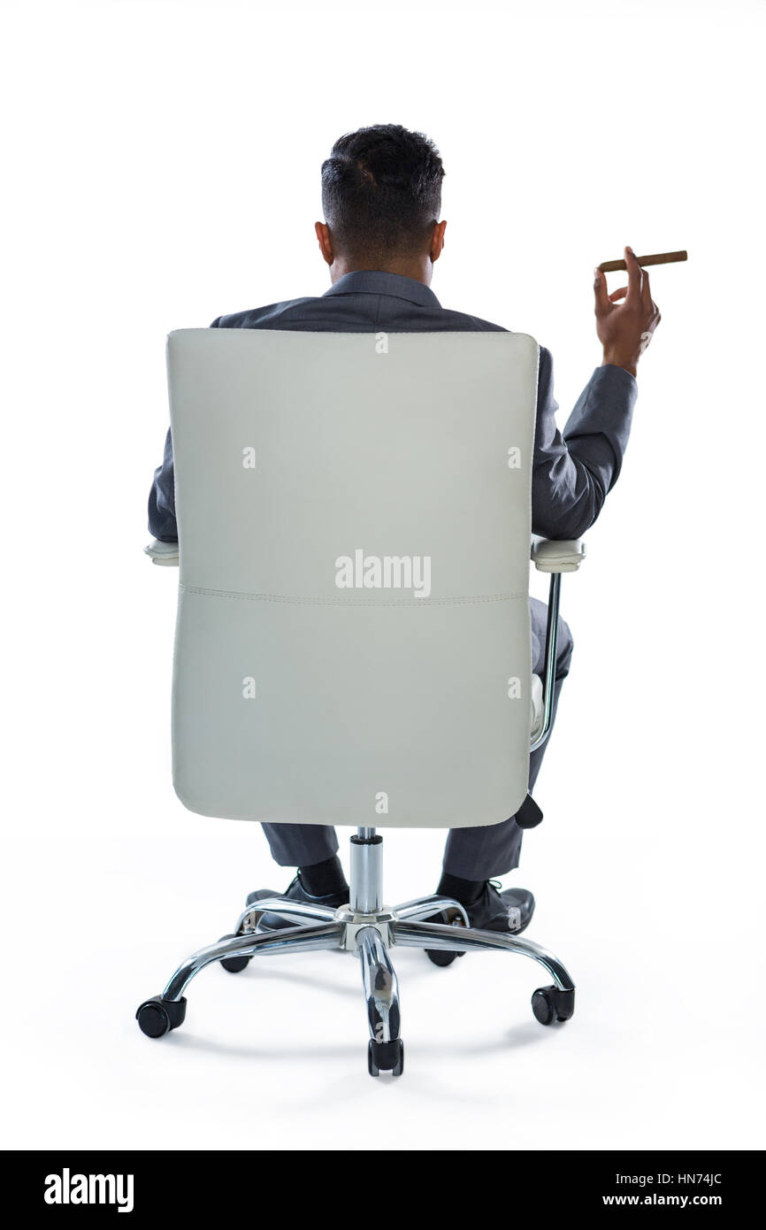 Rear View Of Businessman Holding Cigar Against White Background Stock