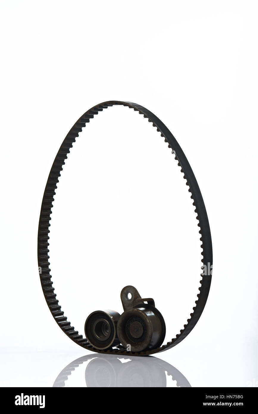 timing belt vertical with roller isolated on white Stock Photo - Alamy