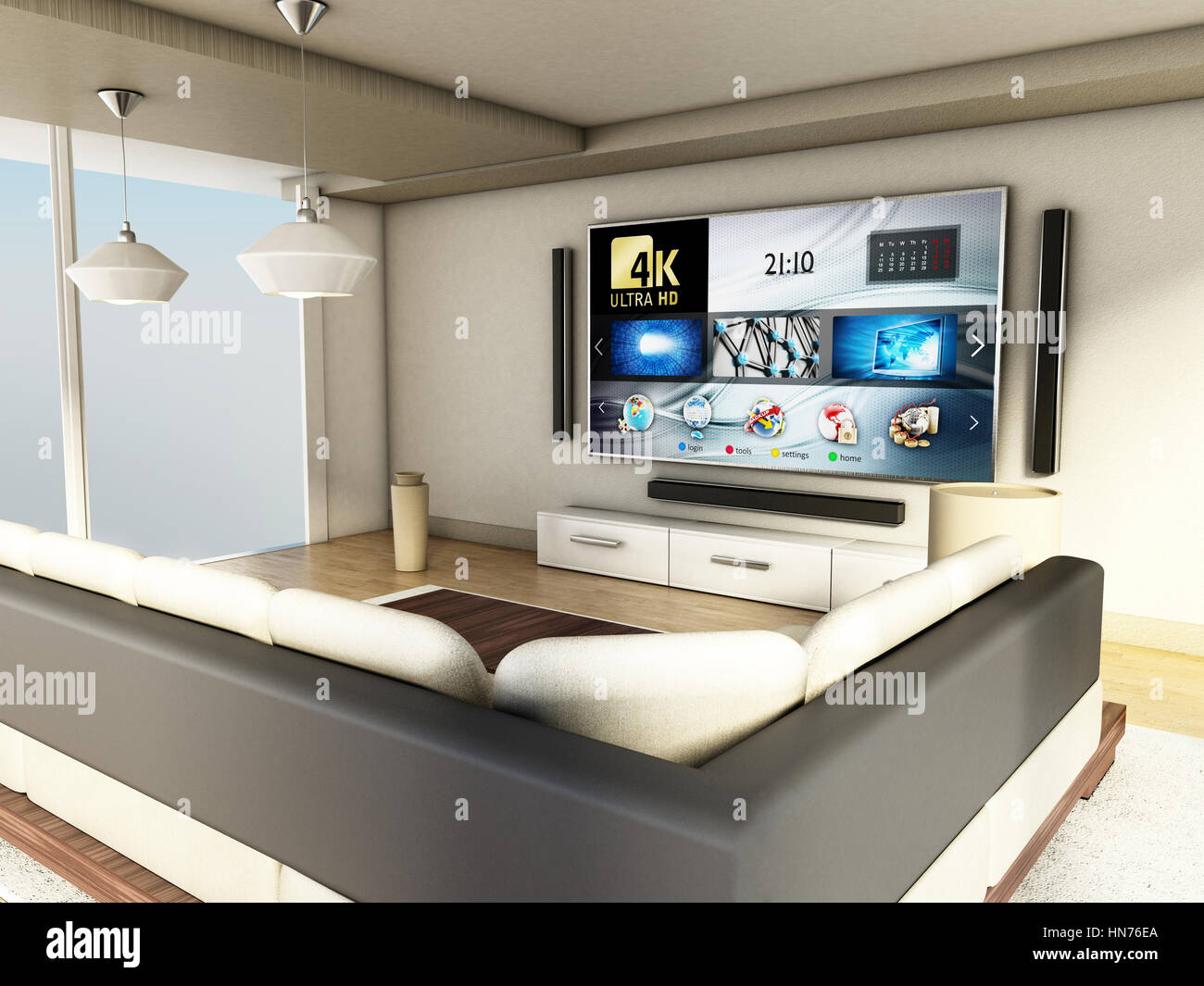 Modern room interior with large windows and parquet floor. 3D ...