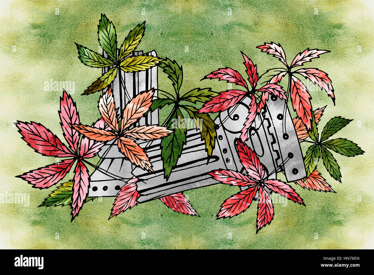 Destroyed Ancient Roman column. Overgrown with deciduous plants. Hand ...