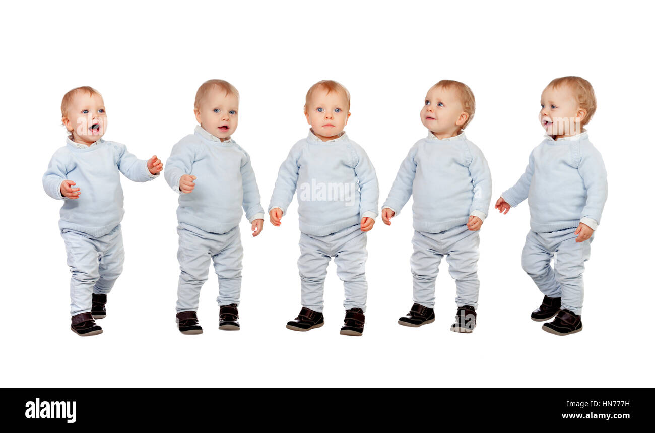 Five adorable babies learning to walk isolated on a white background ...