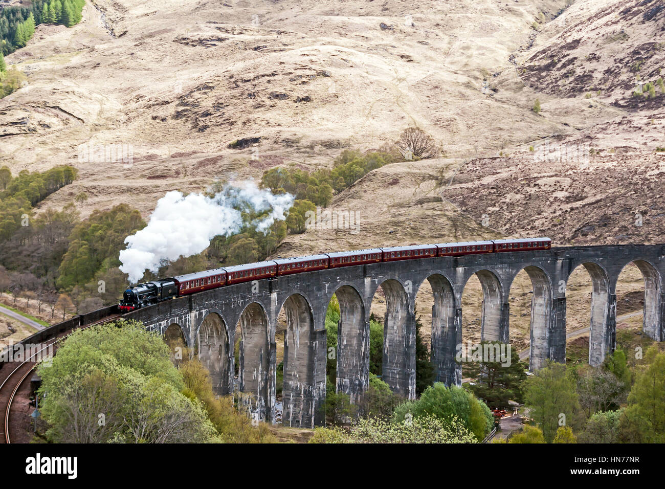 Steam train The Jacobite passes over Glenfinnan Viaduct at Glenfinnan ...
