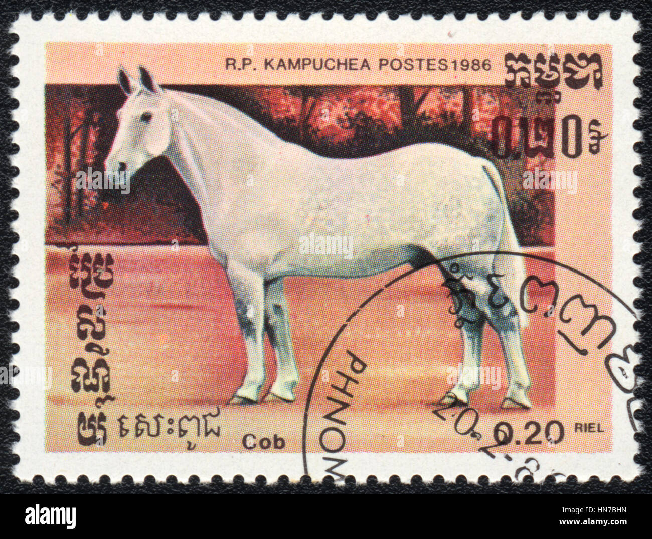 A postage stamp printed in R.P. Kampuchea shows a Cob horse, breed of ...