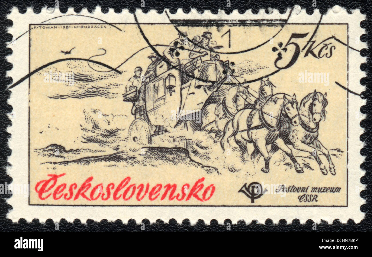 A postage stamp printed in Czechoslovakia shows a Stagecoach, series a ...