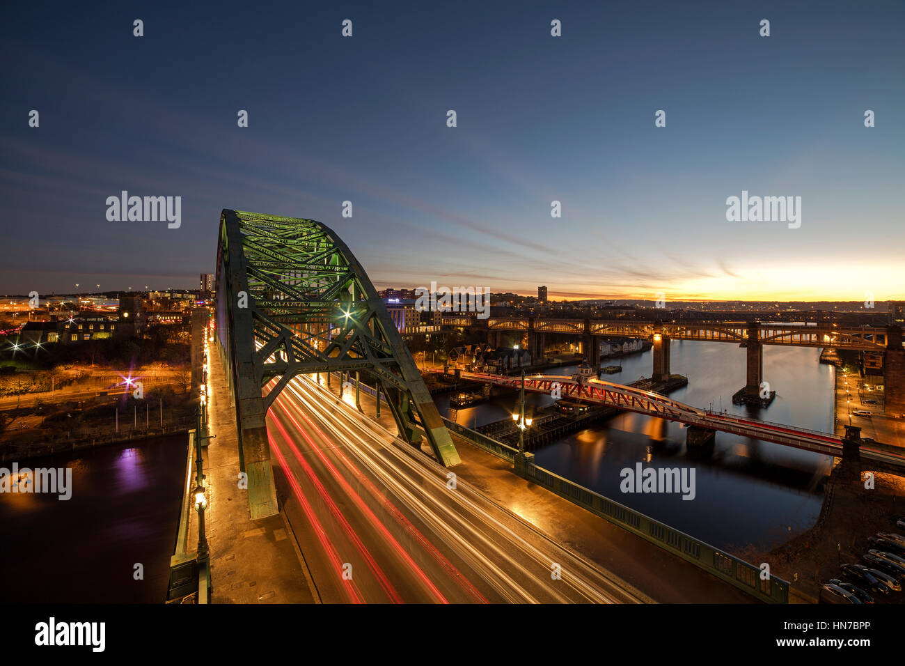 The Tyne bridges at night, Newcastle upon Tyne, Tyne and Wear Stock ...
