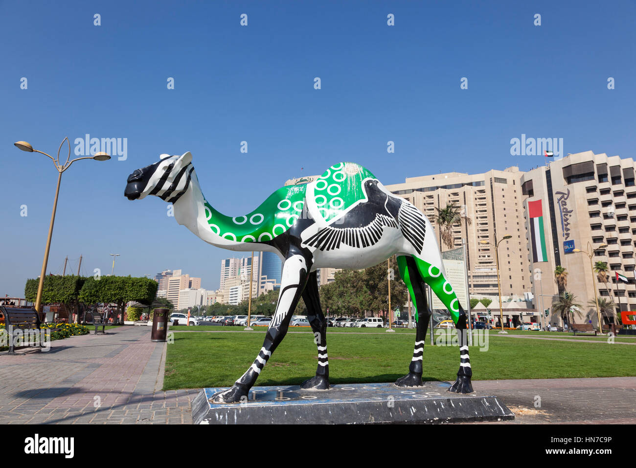 DUBAI, UAE - DEC 6, 2016: Colorful camel statue at the Dubai Creek in ...