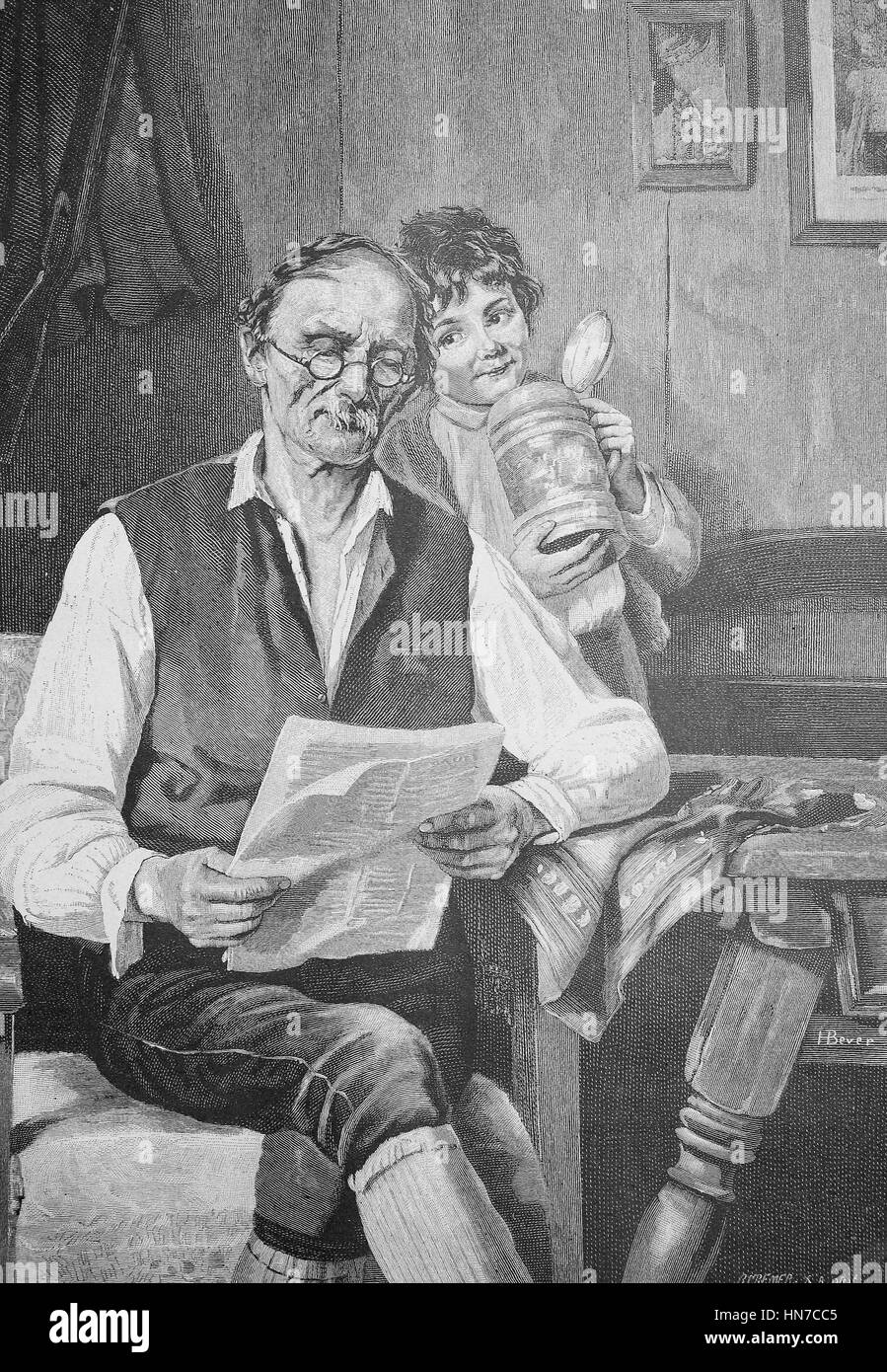 While the father reads in the newspaper, the boy has grabbed the beer ...