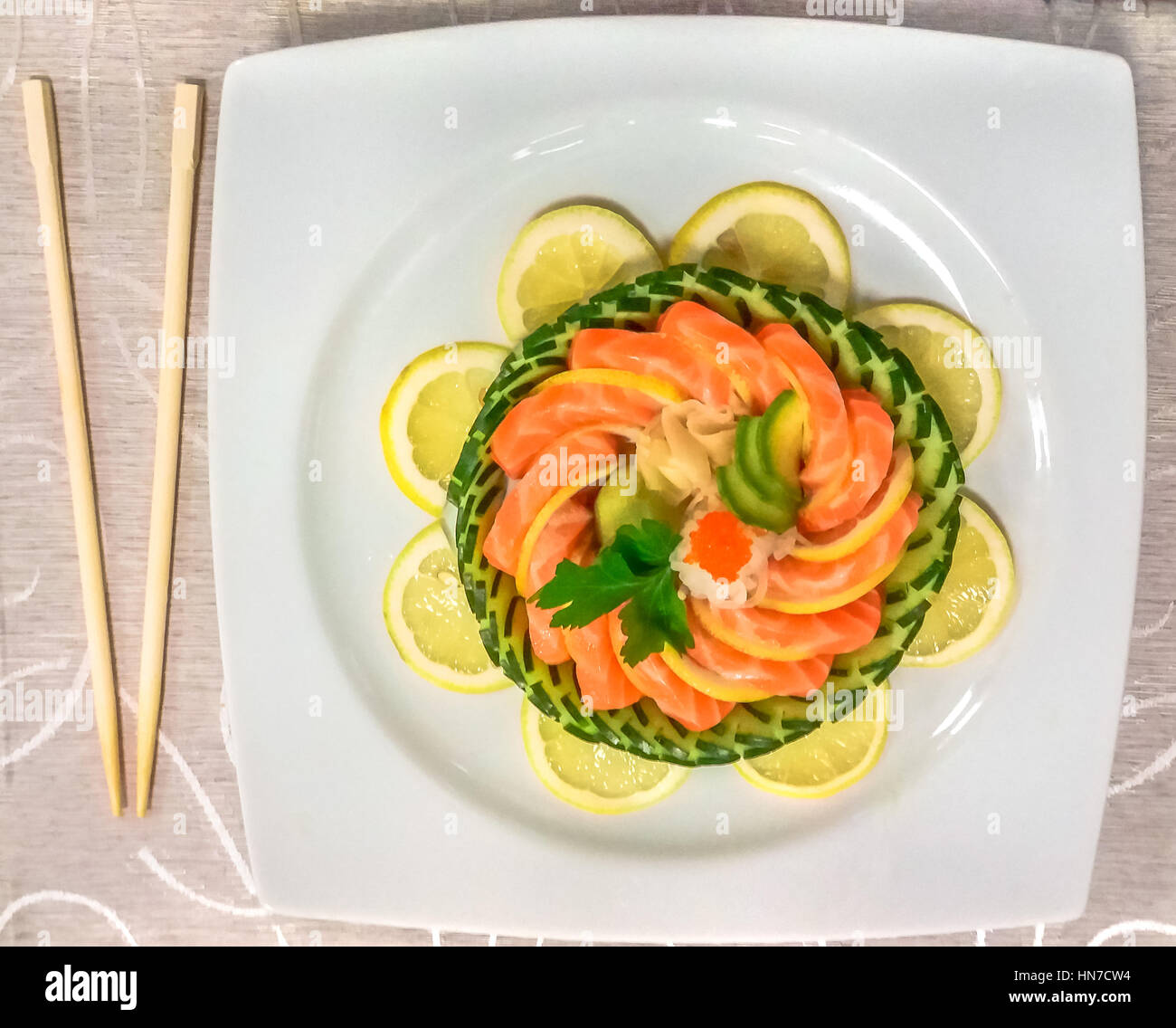 Salmon sashimi dish Stock Photo - Alamy
