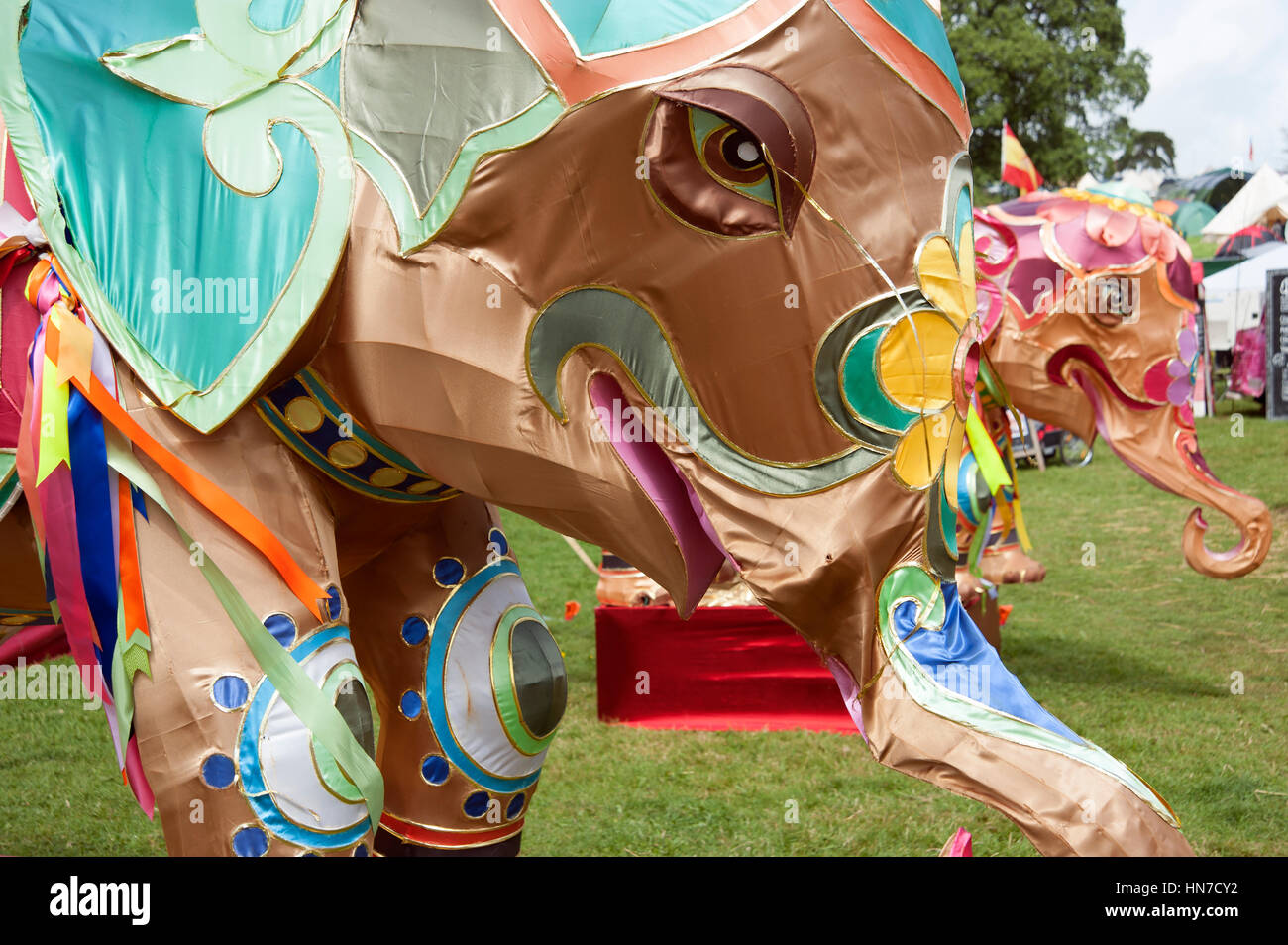 Close up of silk elephants at the Port Eliot Festival Cornwall Stock ...