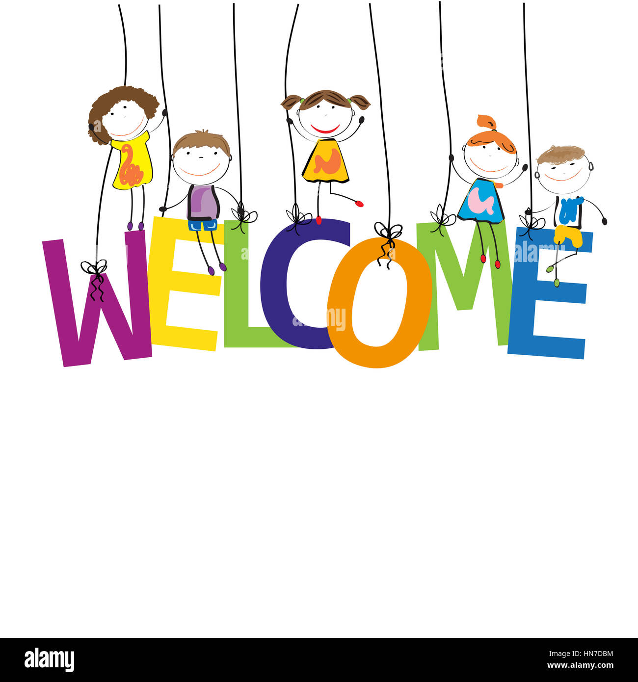 Boys and girls with the word welcome Stock Photo - Alamy