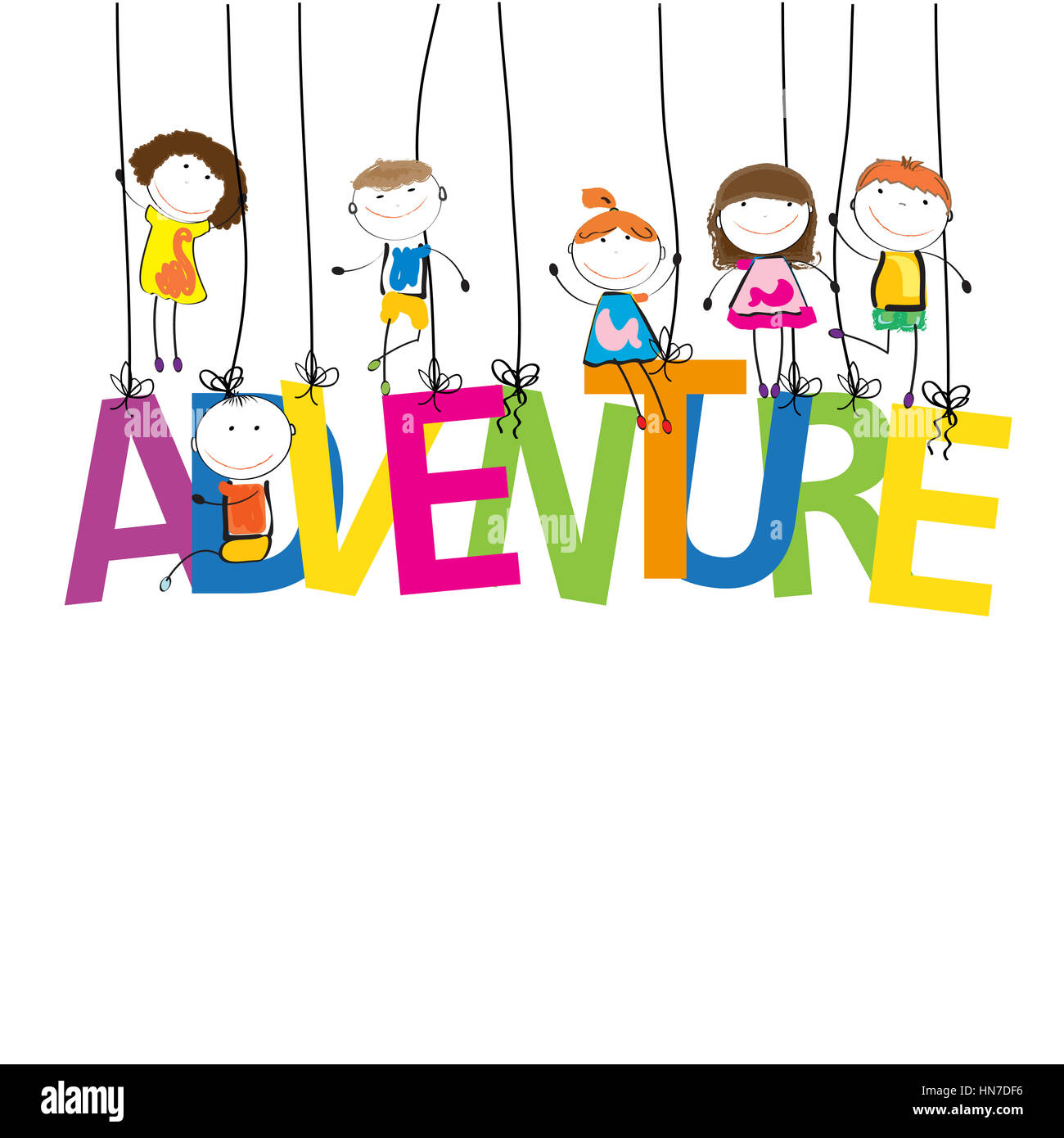 Boys and girls with the word adventure Stock Photo - Alamy