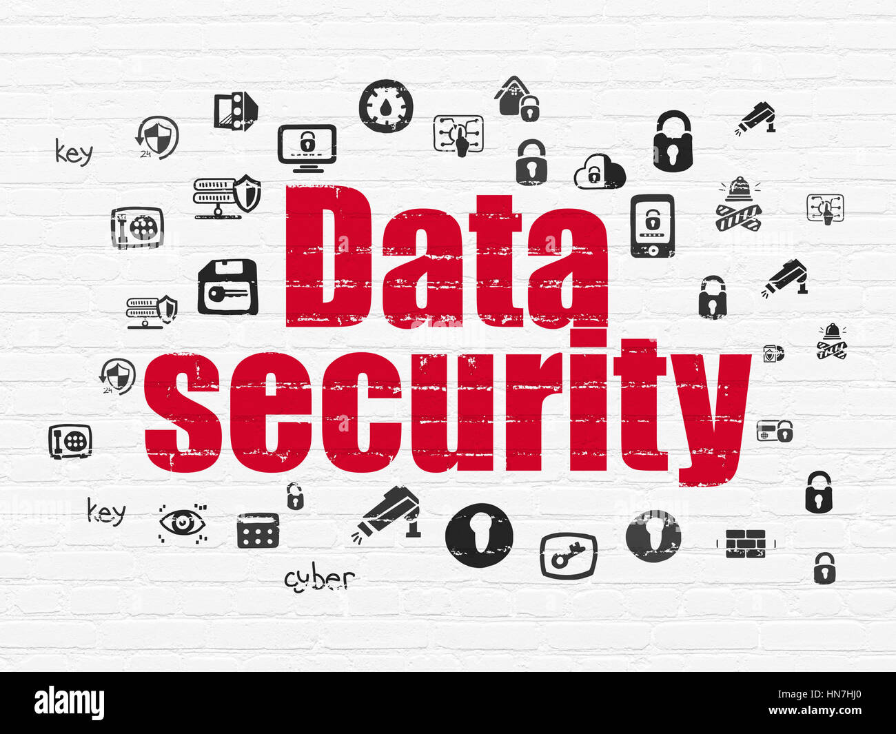 Privacy concept: Painted red text Data Security on White Brick wall background with Hand Drawn ...