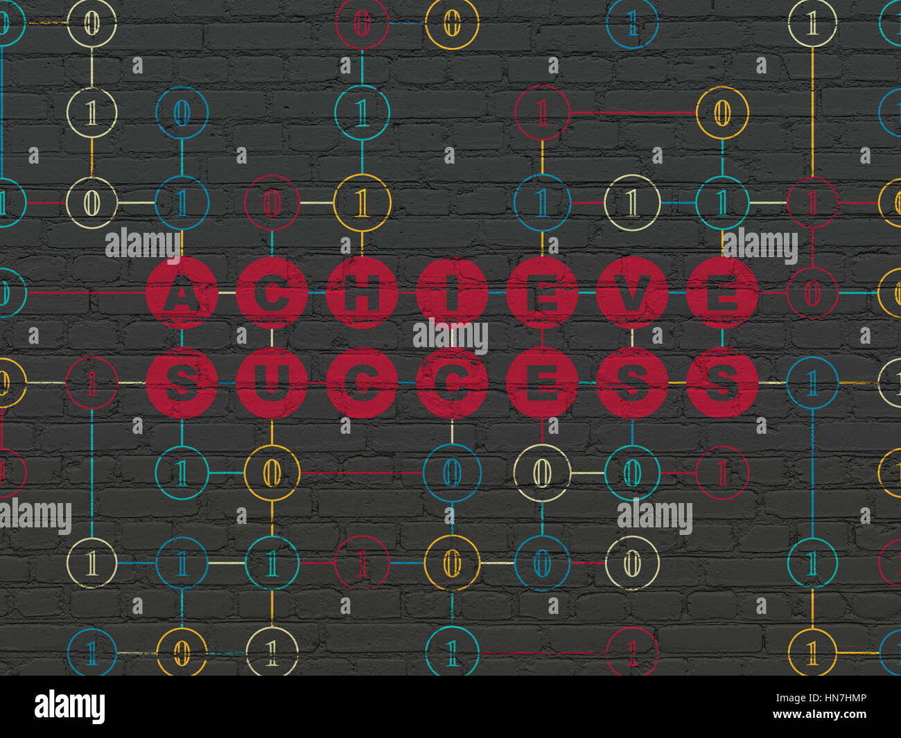 Finance concept: Painted red text Achieve Success on Black Brick wall background with Binary ...