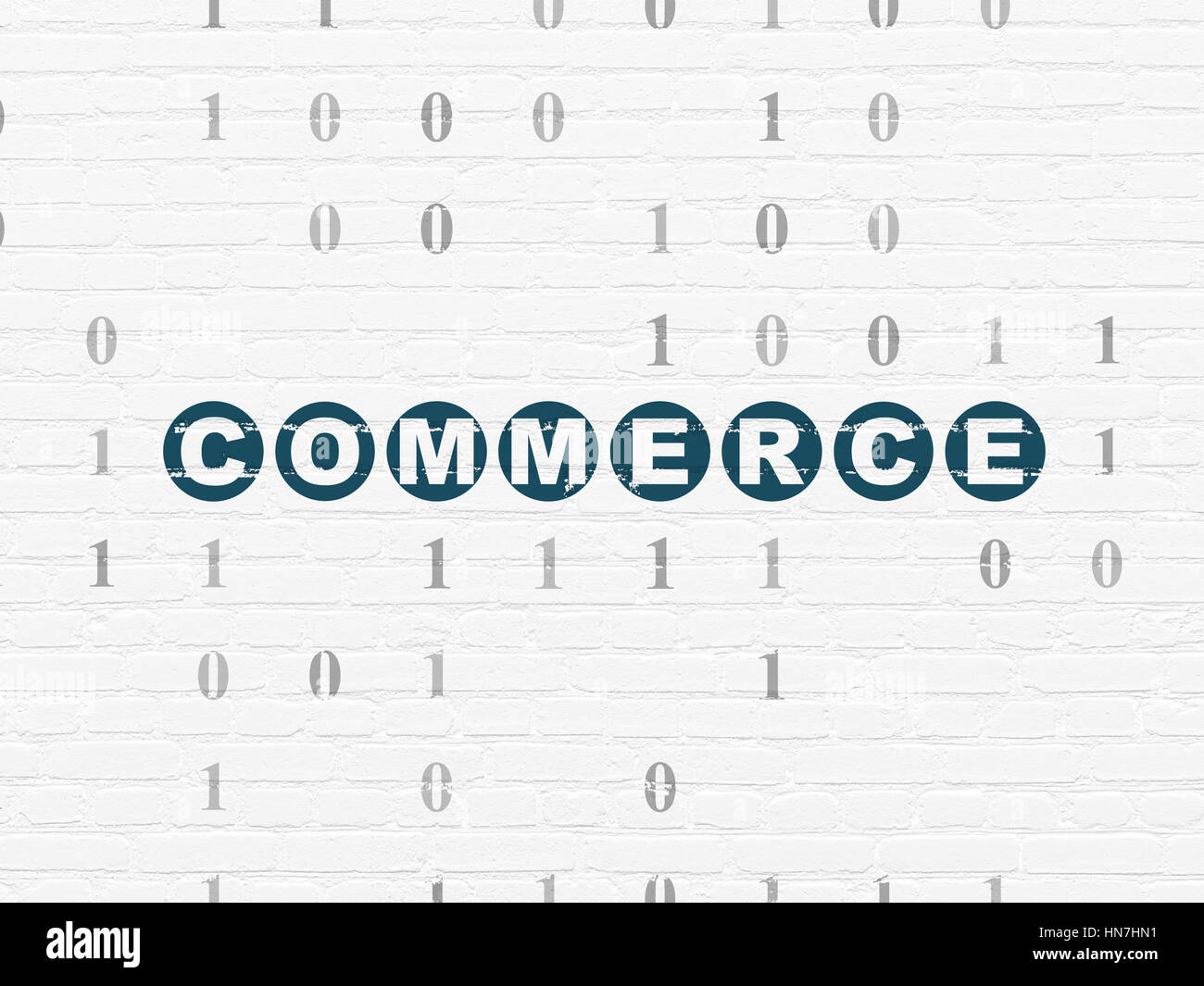 Finance concept: Painted blue text Commerce on White Brick wall background with Binary Code ...