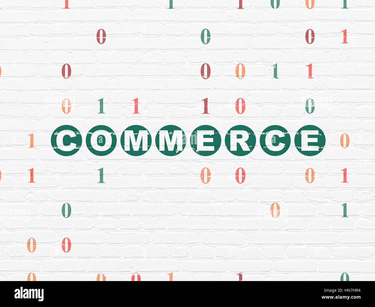 Finance concept: Painted green text Commerce on White Brick wall background with Binary Code ...