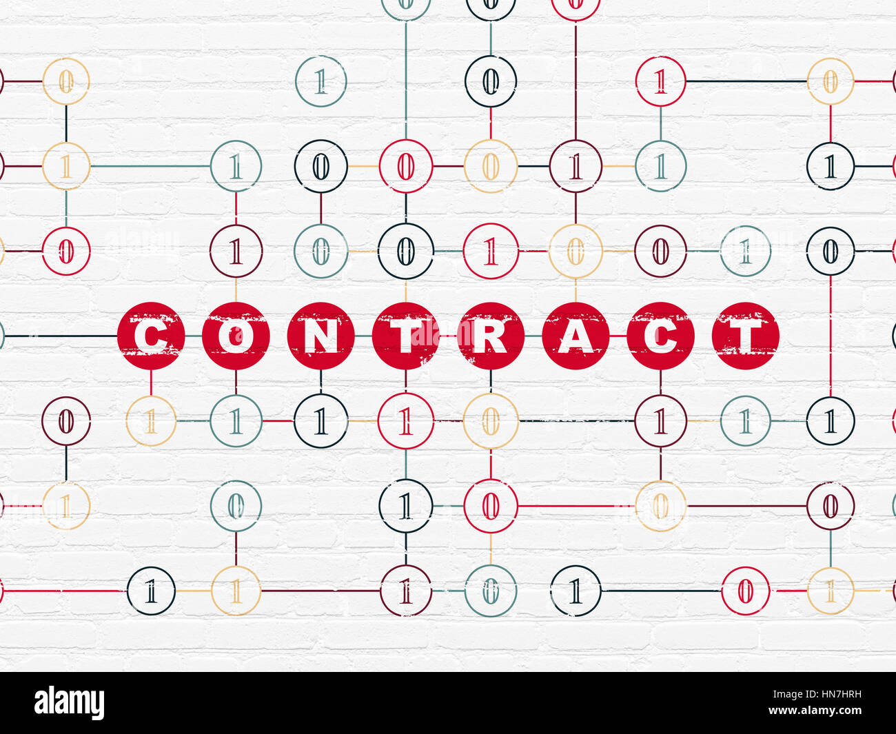 Finance concept: Painted red text Contract on White Brick wall background with Binary Code Stock ...