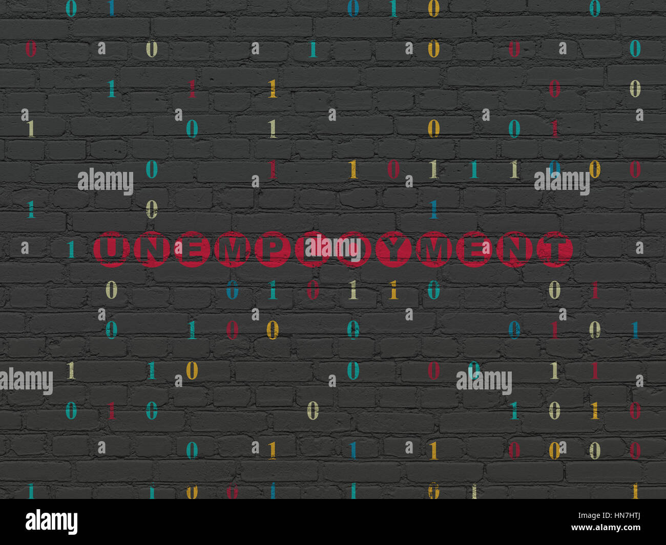 Finance concept: Painted red text Unemployment on Black Brick wall background with Binary Code ...