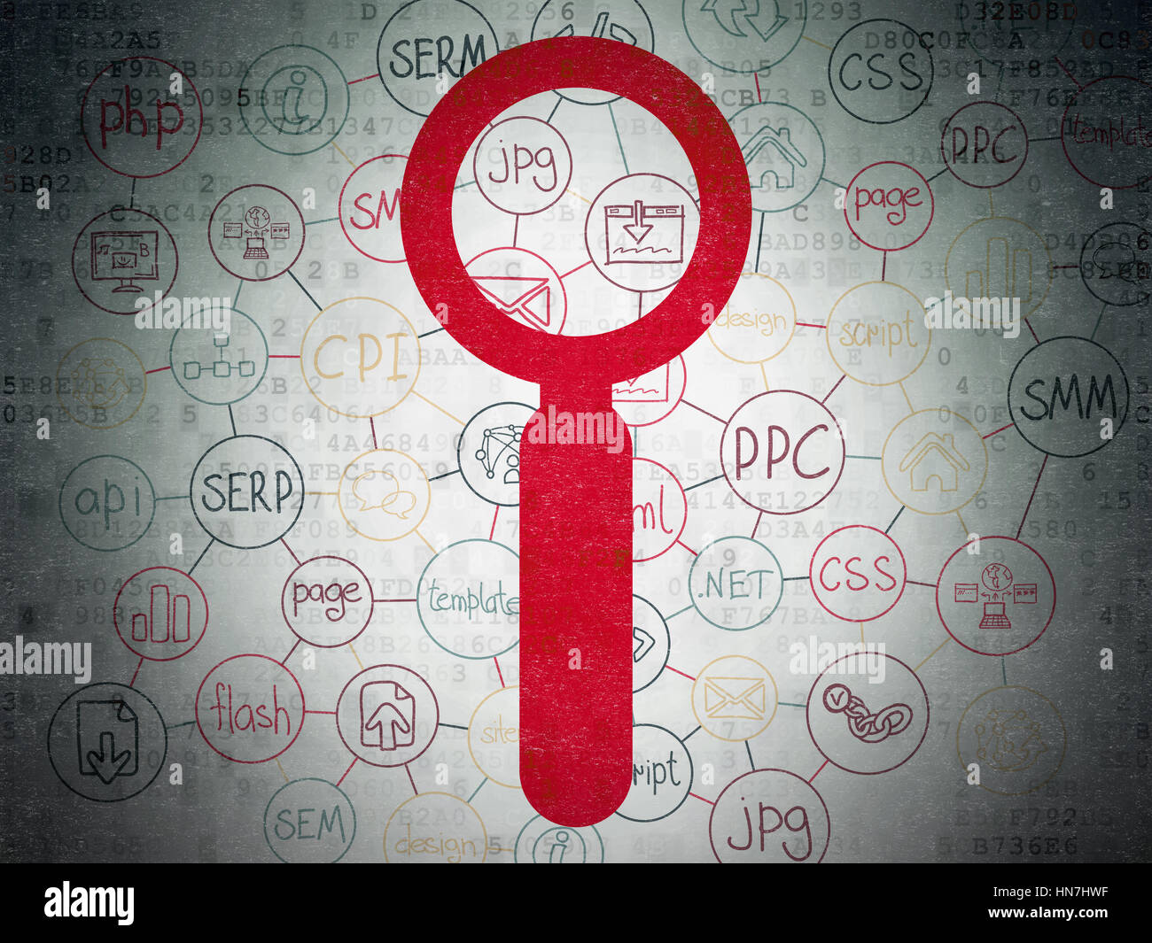 Web design concept: Painted red Search icon on Digital Data Paper ...