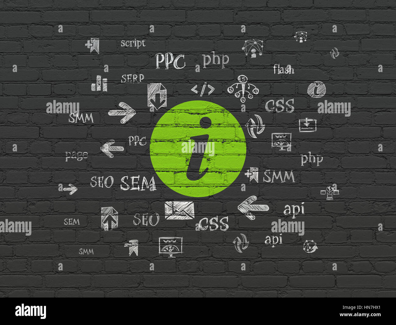Web design concept: Painted green Information icon on Black Brick wall ...