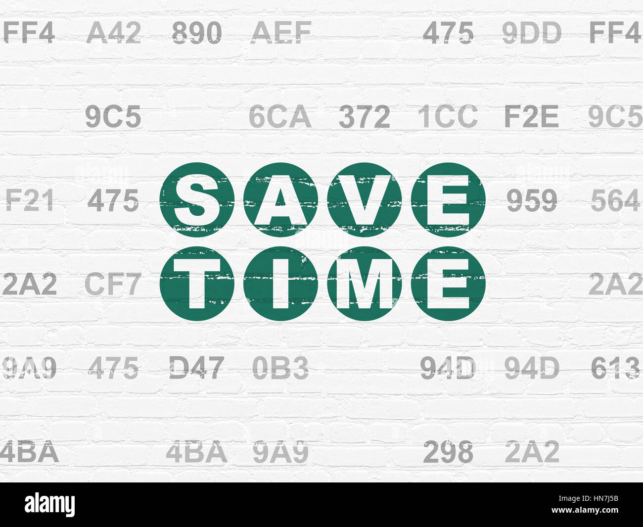 Timeline concept: Painted green text Save Time on White Brick wall background with Hexadecimal ...