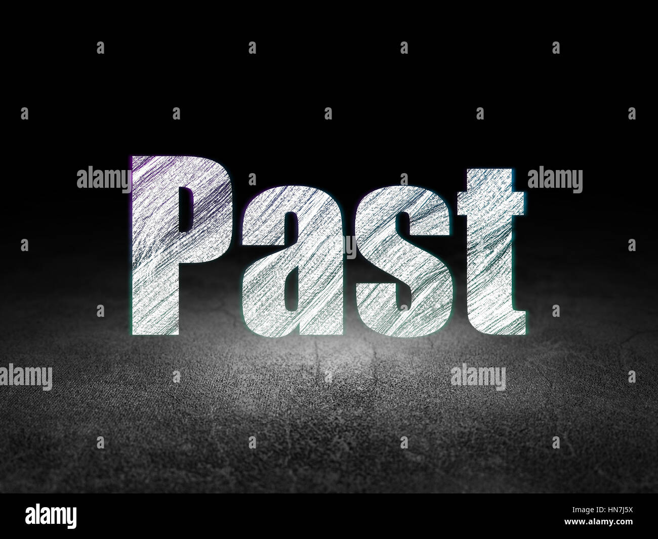 Time concept: Glowing text Past in grunge dark room with Dirty Floor ...