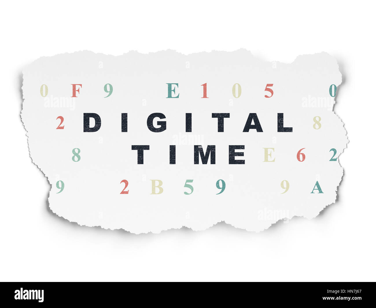 Timeline concept: Painted black text Digital Time on Torn Paper background with Hexadecimal Code ...