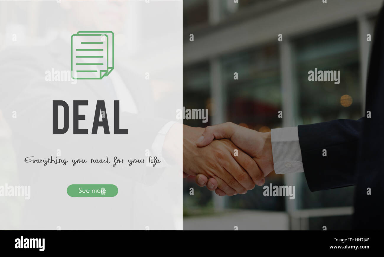 Deal word on business handshake background Stock Photo - Alamy