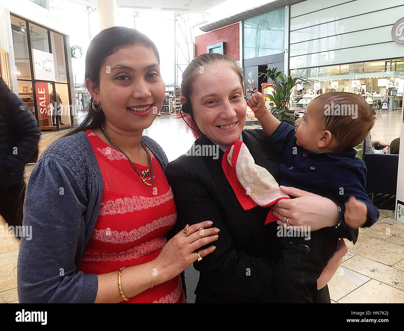 Krishna Barot (left) with her baby Nitul and security guard Michelle ...