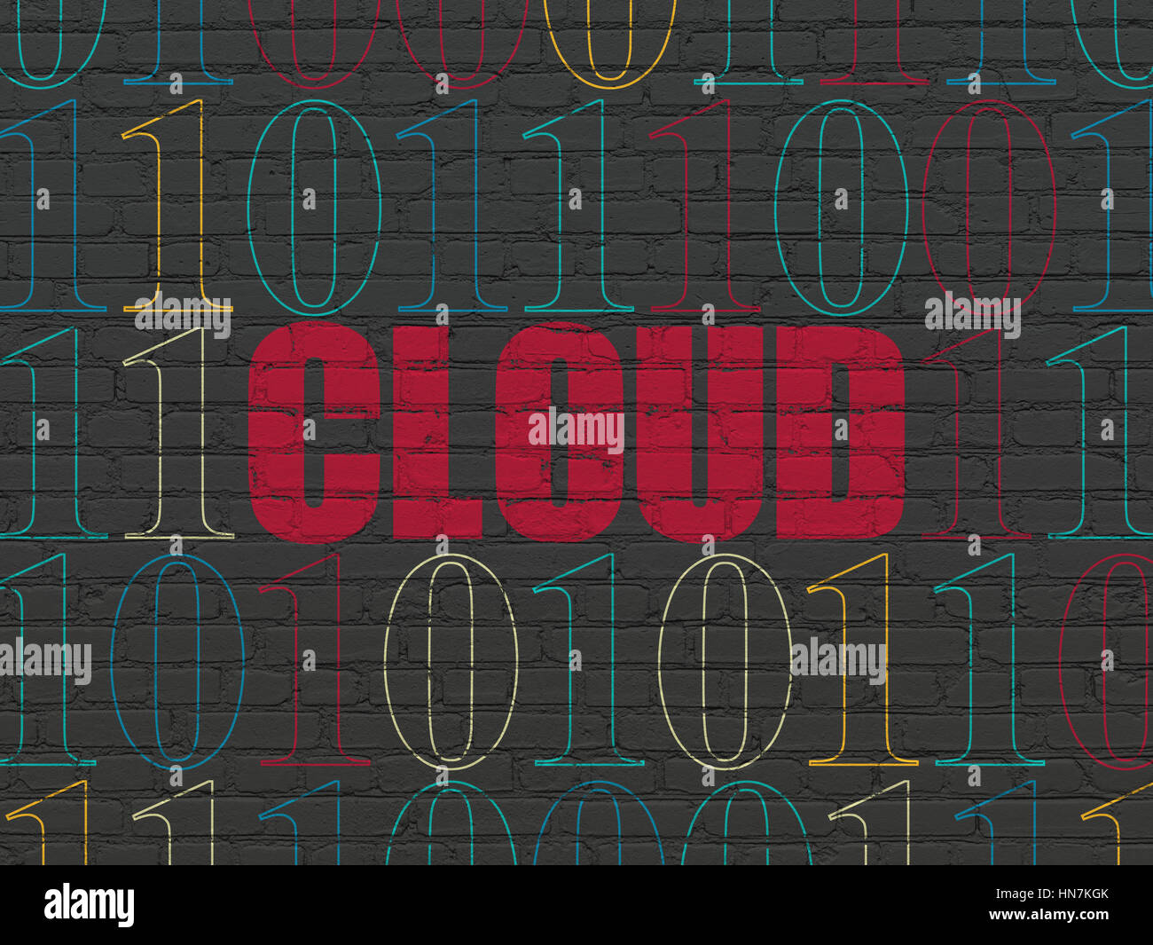 Cloud computing concept: Painted red text Cloud on Black Brick wall background with Binary Code ...