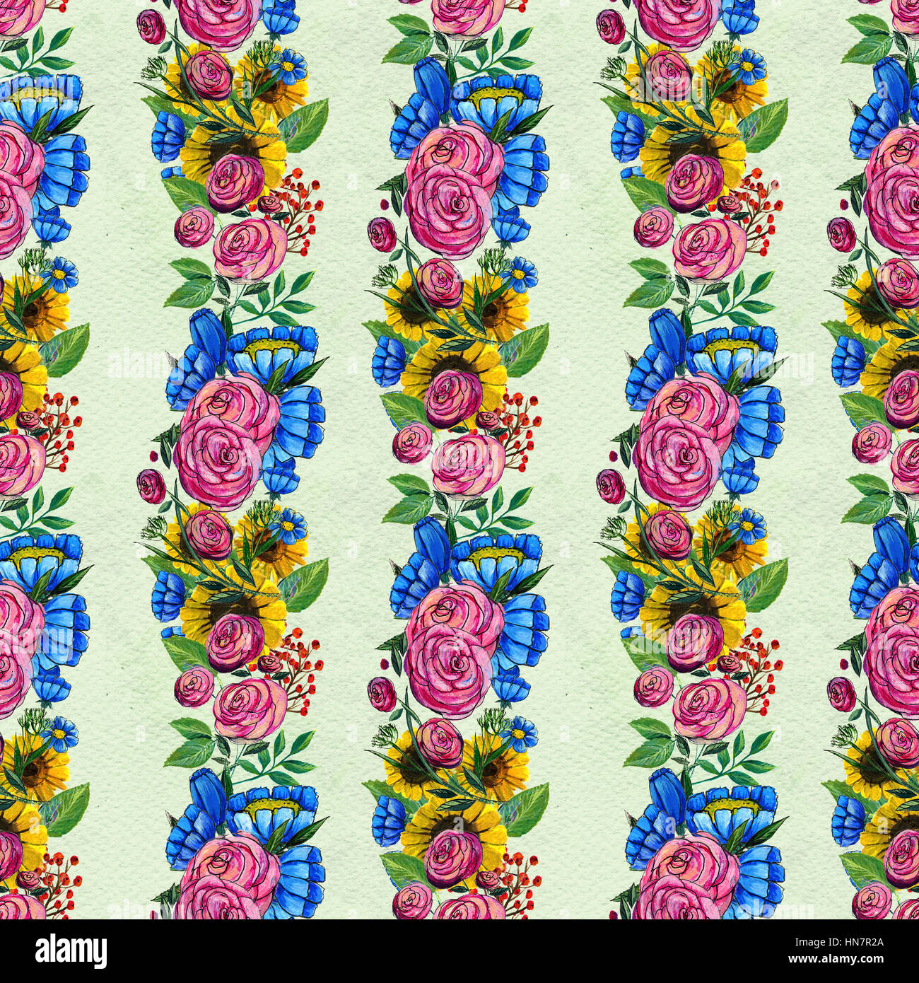 Seamless pattern with blue yellow and pink flowers Stock Photo - Alamy