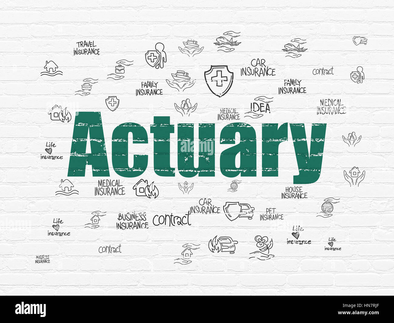 Insurance concept: Painted green text Actuary on White Brick wall ...