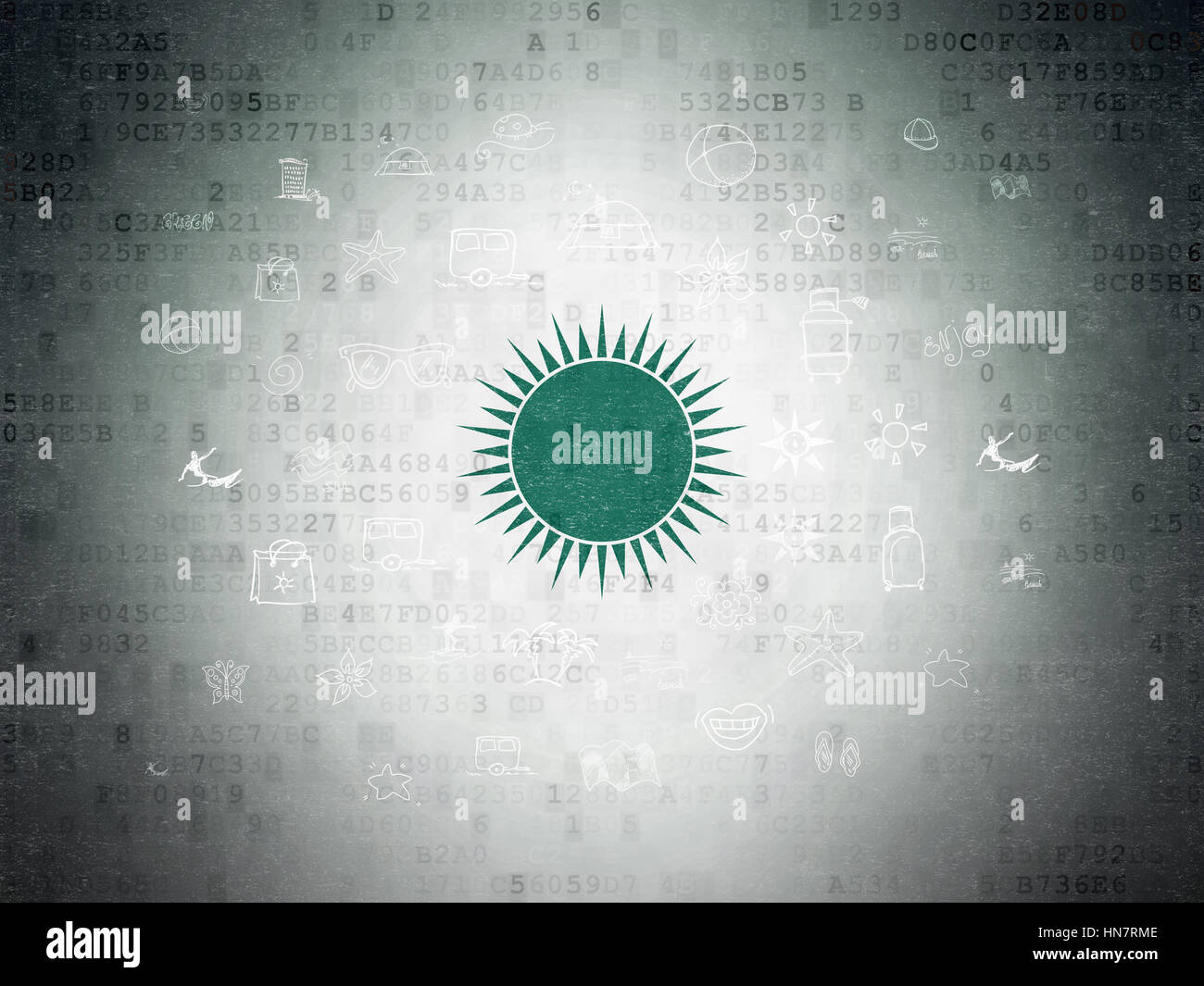 Travel concept: Painted green Sun icon on Digital Data Paper background ...