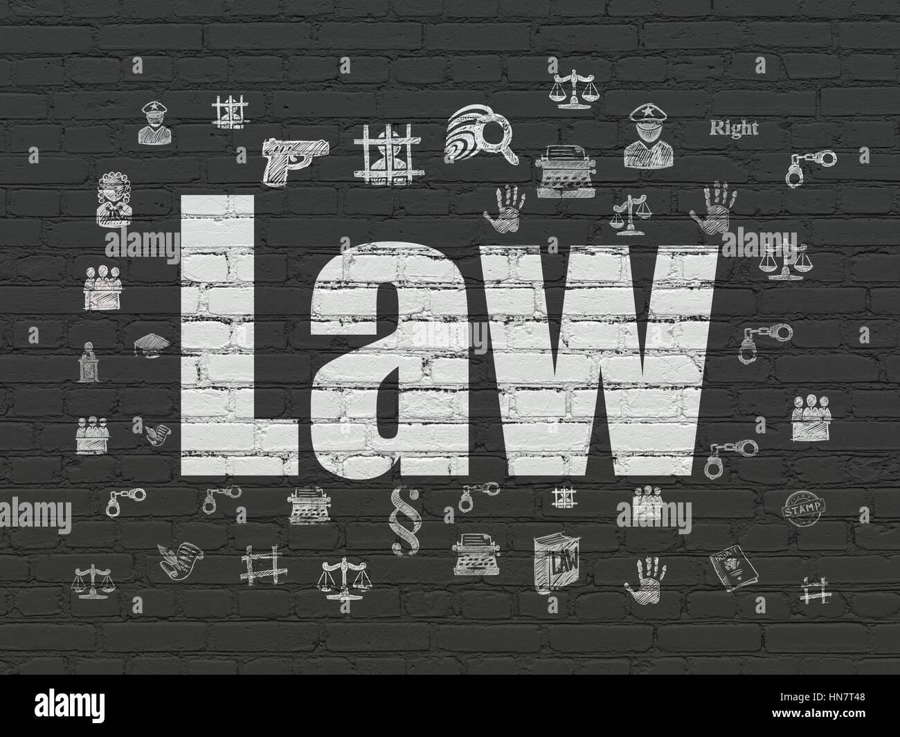 Law concept: Painted white text Law on Black Brick wall background with ...