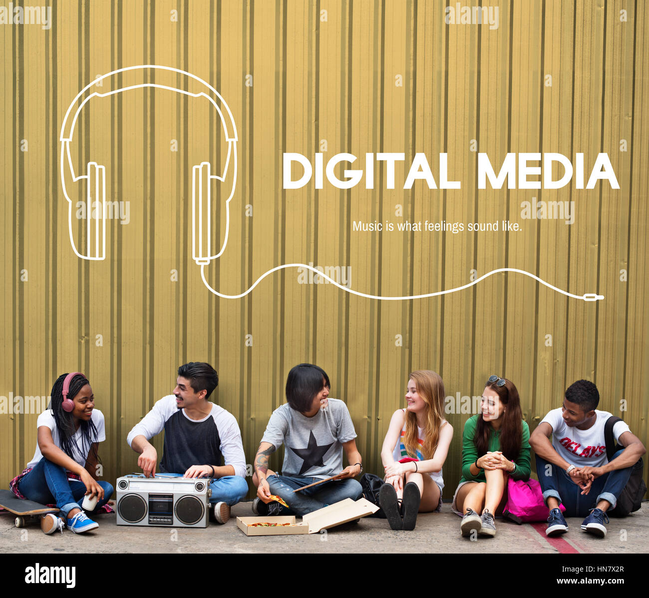 Listening to music headphones graphic Stock Photo - Alamy