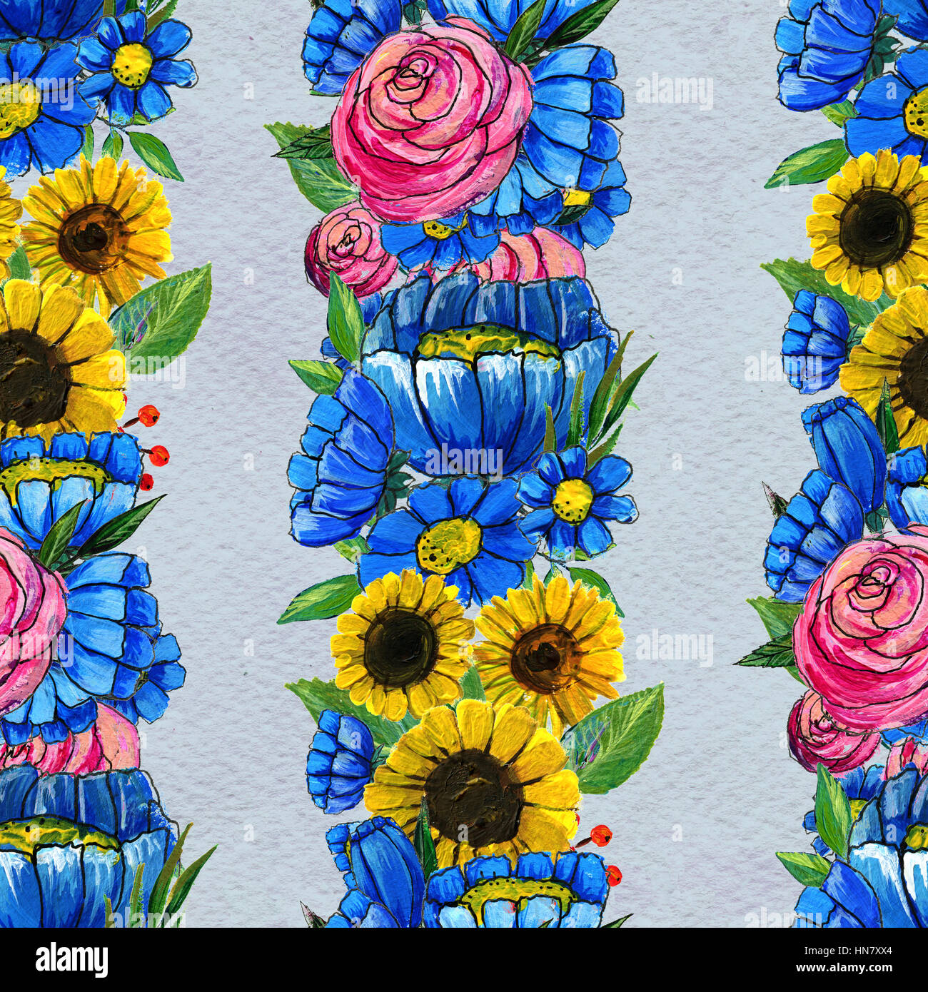 Seamless pattern with blue yellow and pink flowers Stock Photo - Alamy