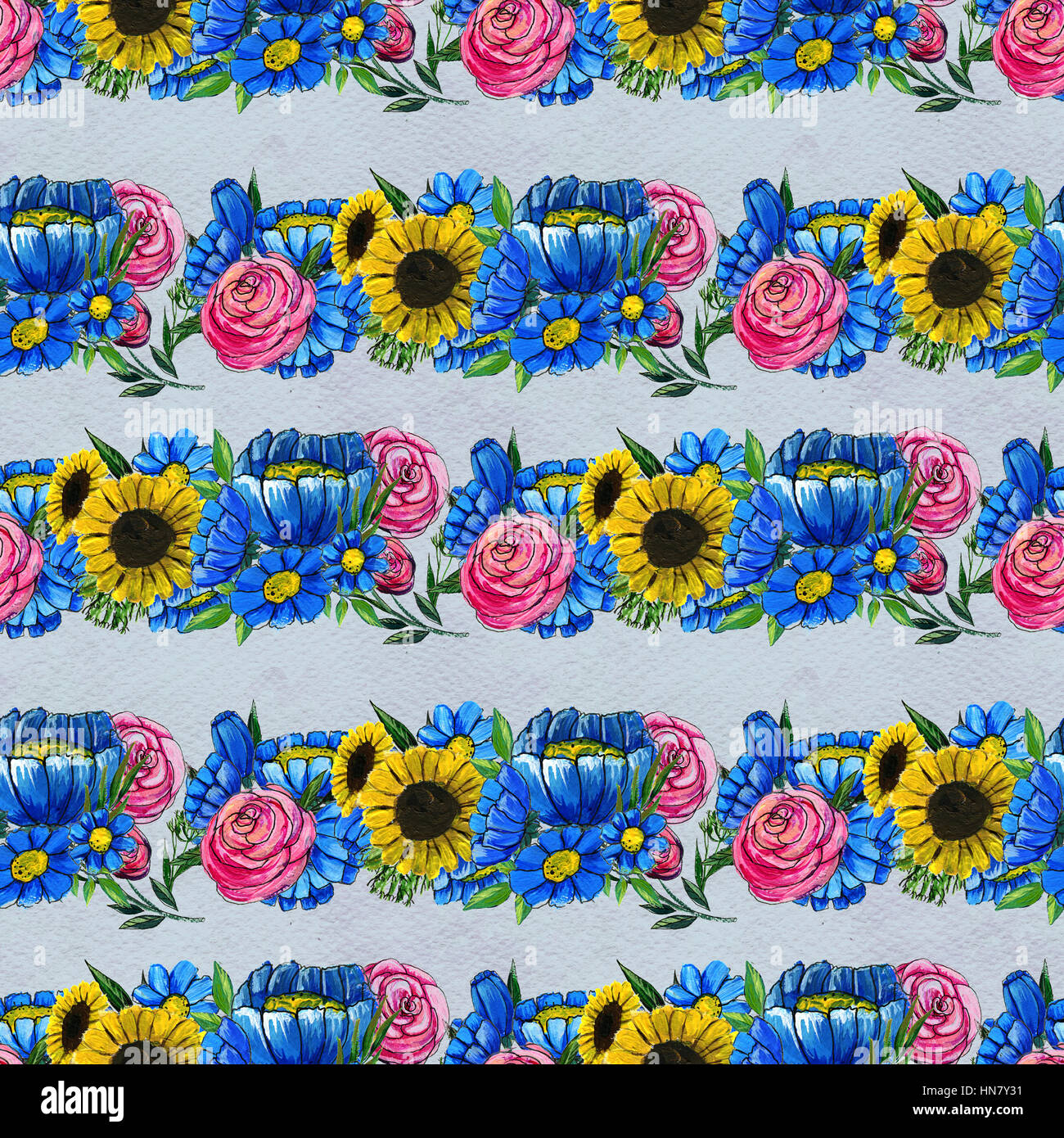 Seamless pattern with blue yellow and pink flowers Stock Photo - Alamy