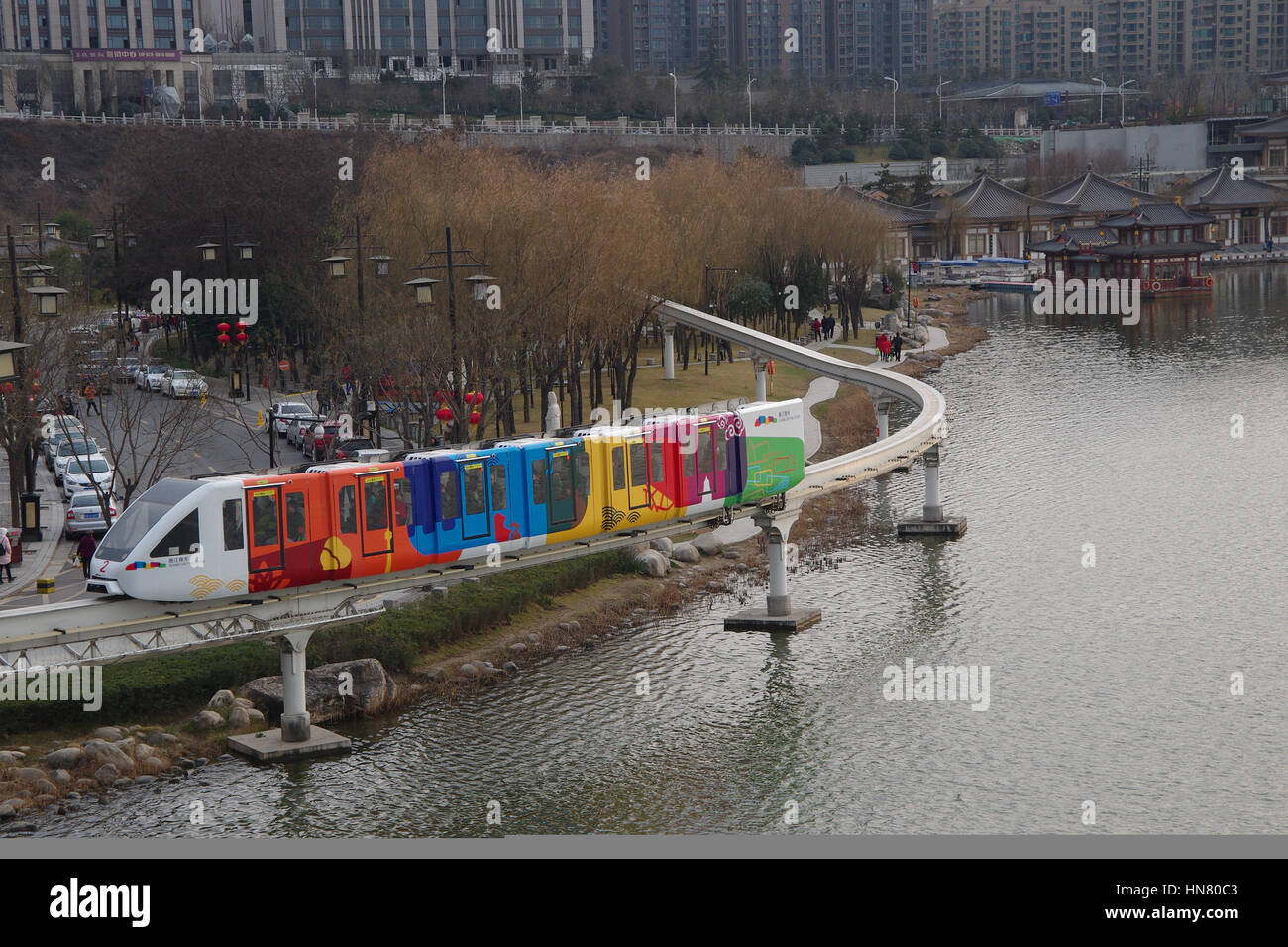 Xi'An, China. 8th Feb, 2017. A colourful sightseeing light rail train ...