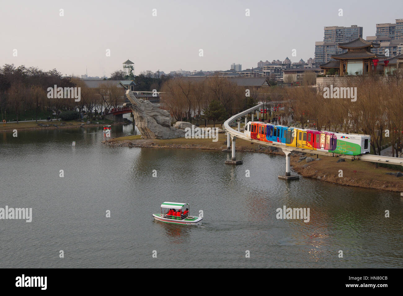 Xi'An, China. 8th Feb, 2017. A colourful sightseeing light rail train ...
