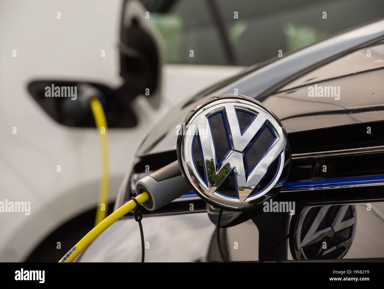 Wolfsburg, Germany. 20th May, 2016. A charging plug has been plugged ...