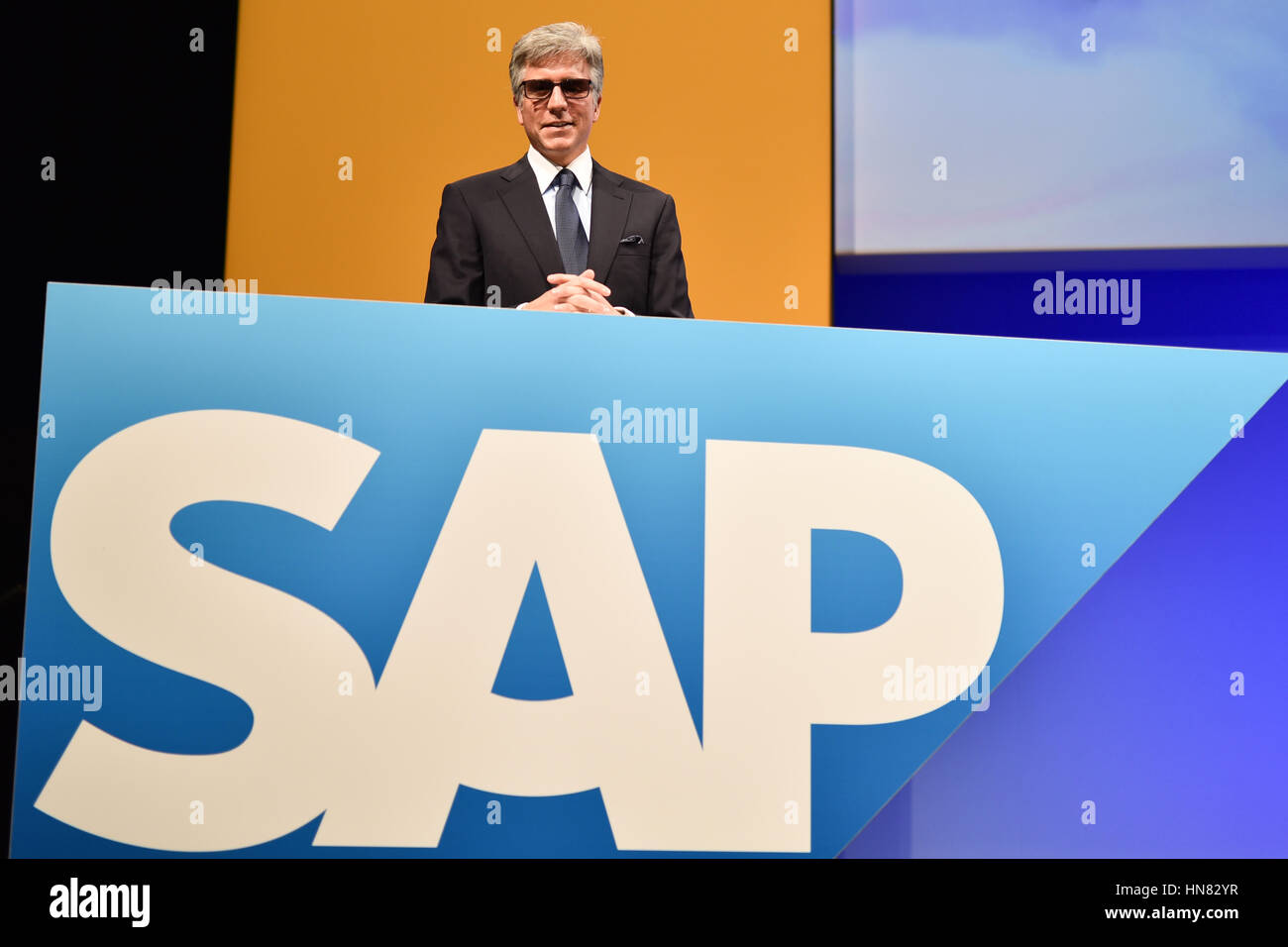 Walldorf, Germany. 12th May, 2016. SAP CEO Bill McDermott stands behind ...