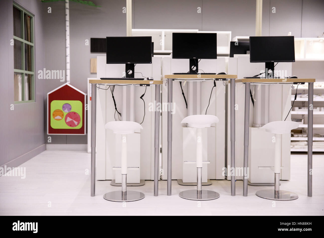 Burbank, CA, USA. 1st Feb, 2017. Design computer kiosks stand next to a ...