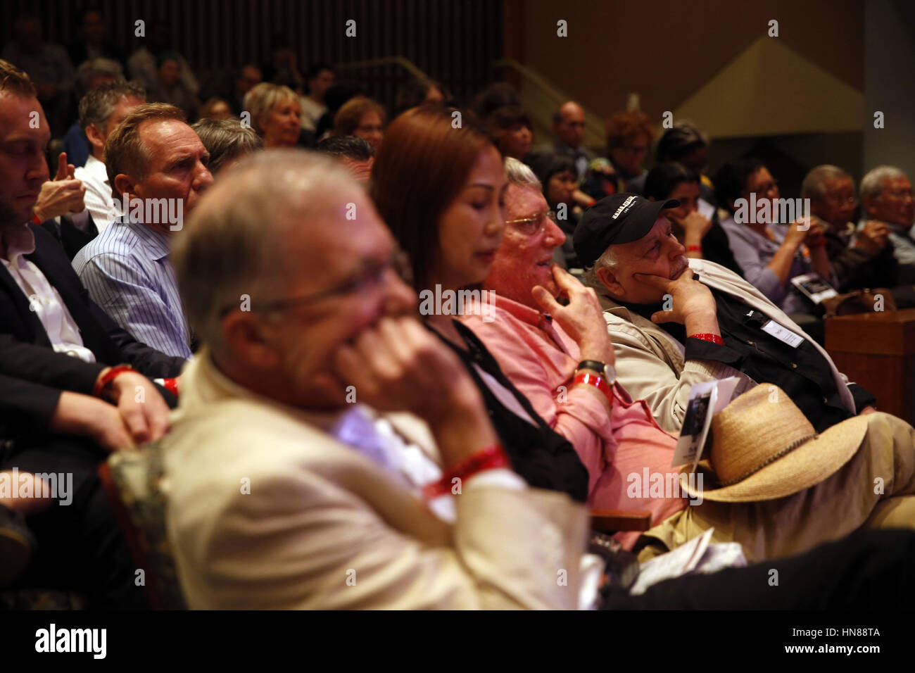 Los Angeles, CA, USA. 29th Feb, 2016. Audience members listen as Rob ...