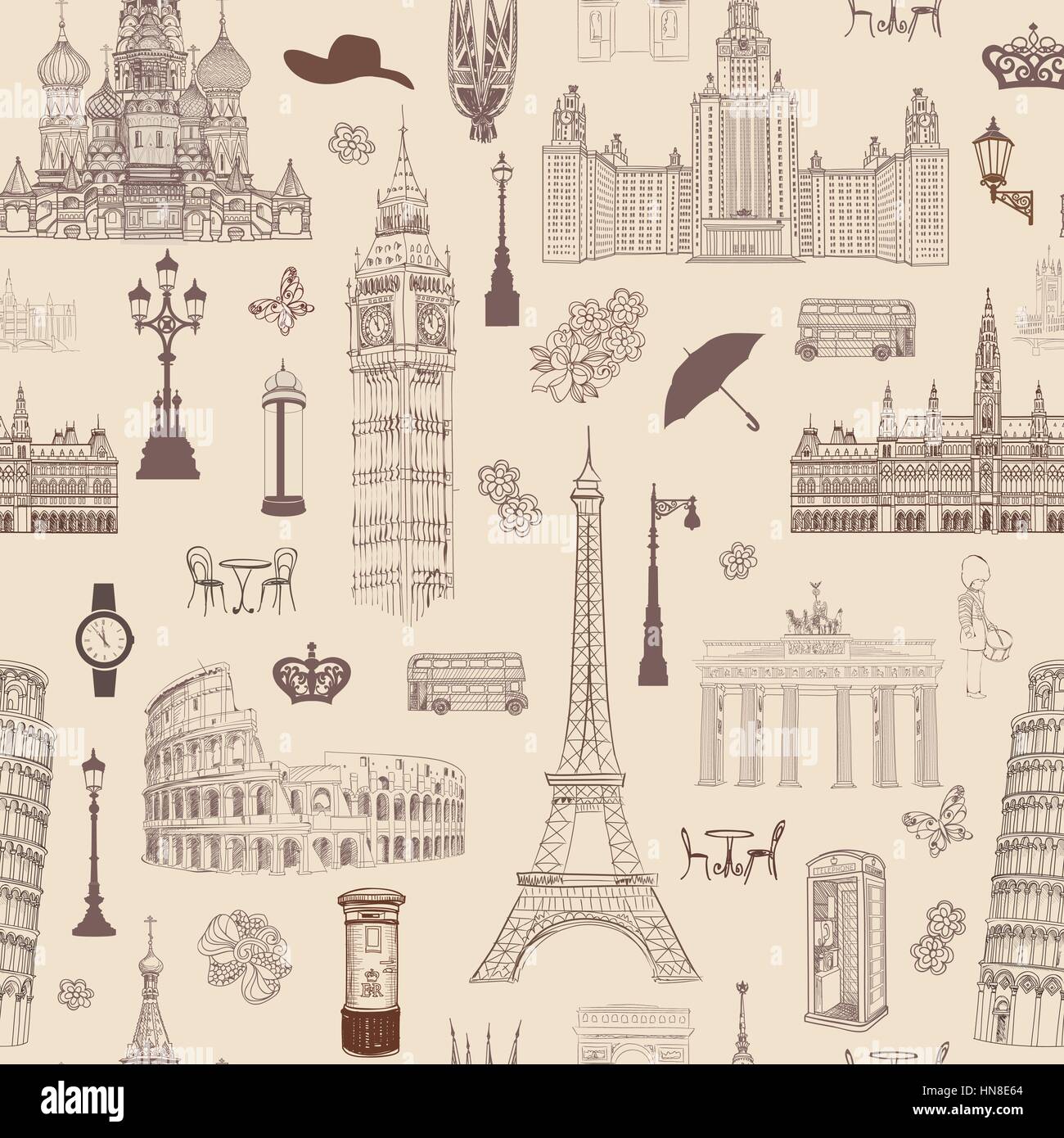 Travel seamless pattern. Vacation in Europe wallpaper. Travel to visit ...