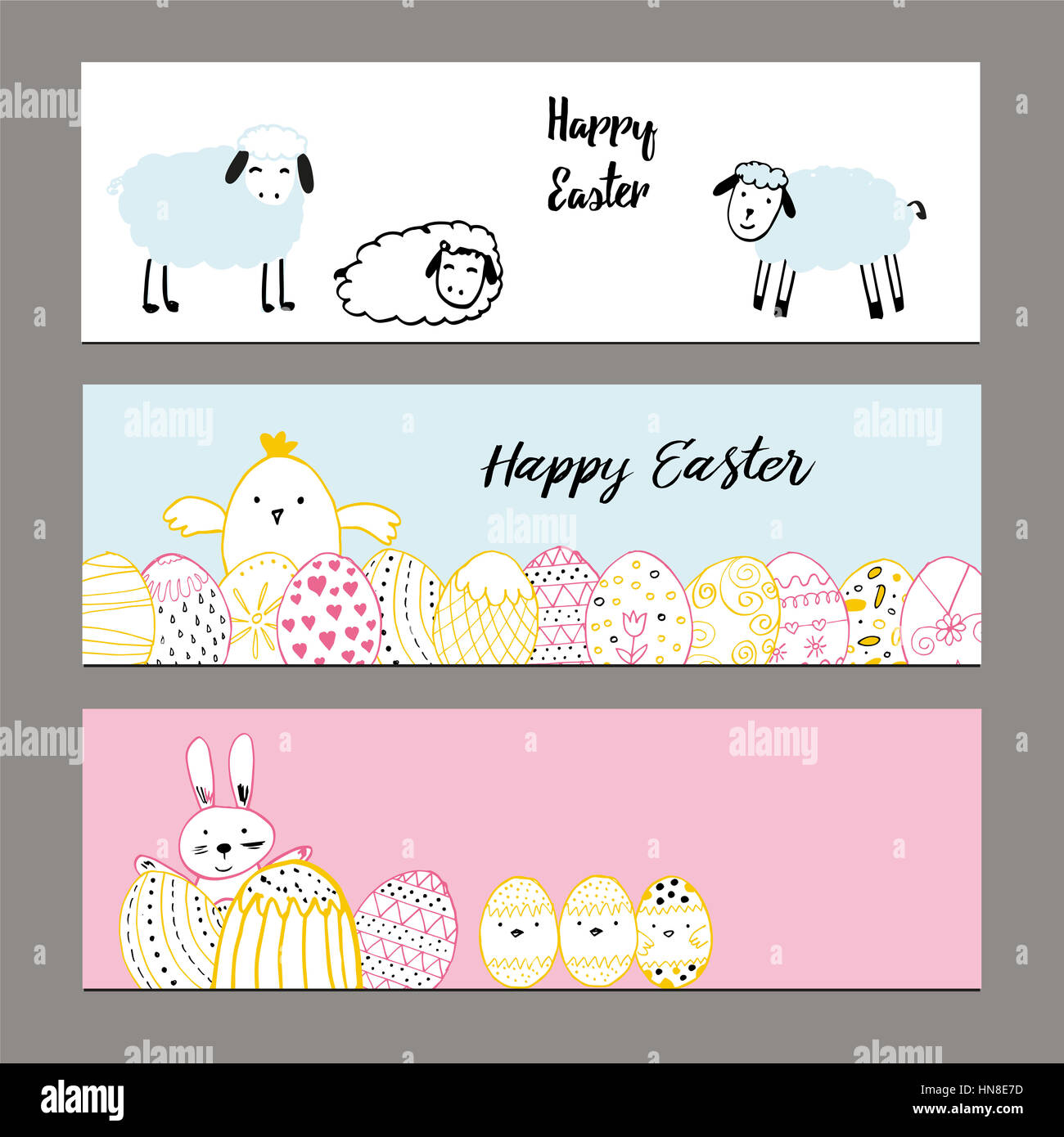 Cute banners with hand drawn easter illustrations Stock Photo - Alamy