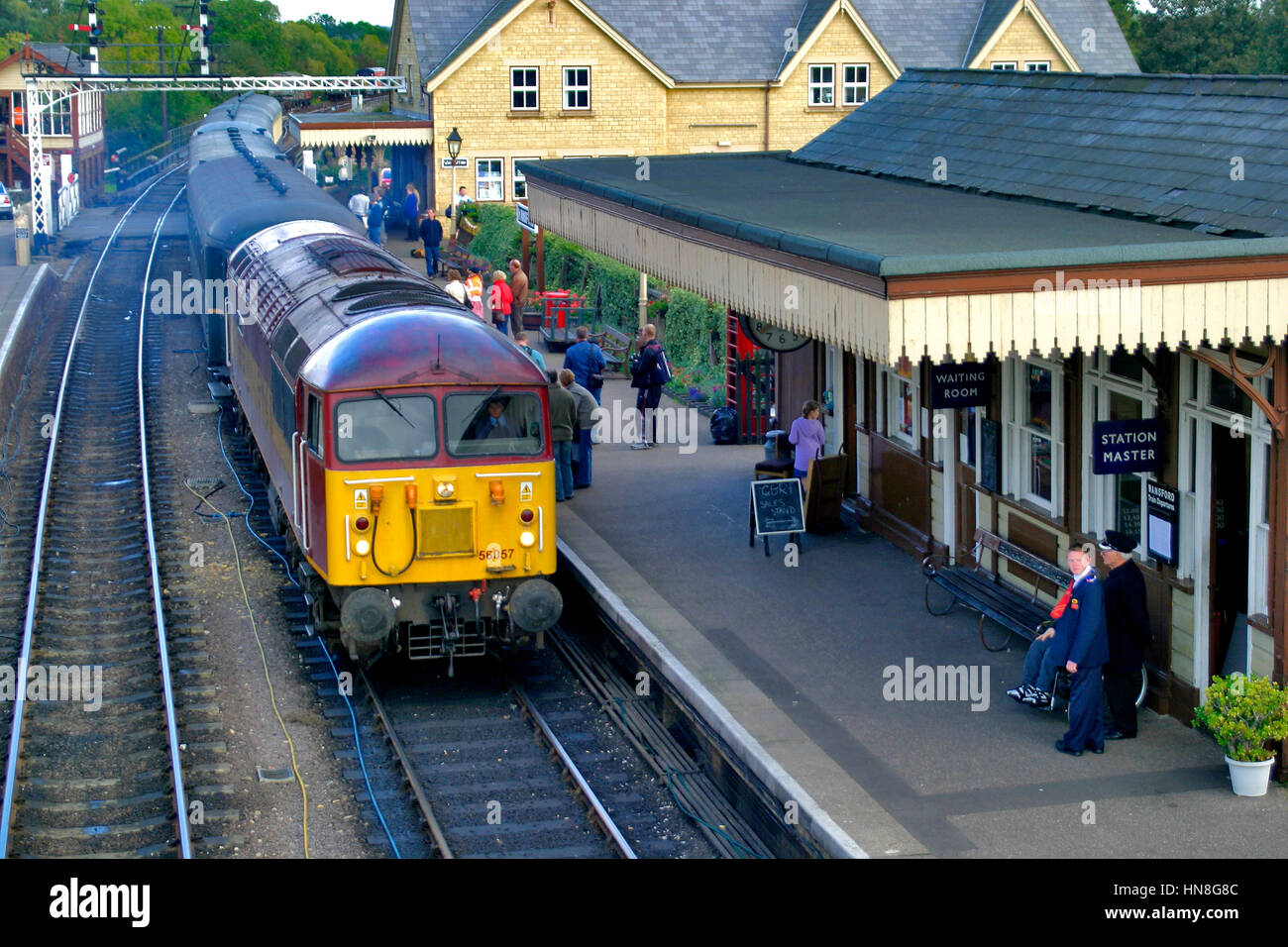 EWS diesel locomotive, number 56057, leaving Wansford Station, Nene ...