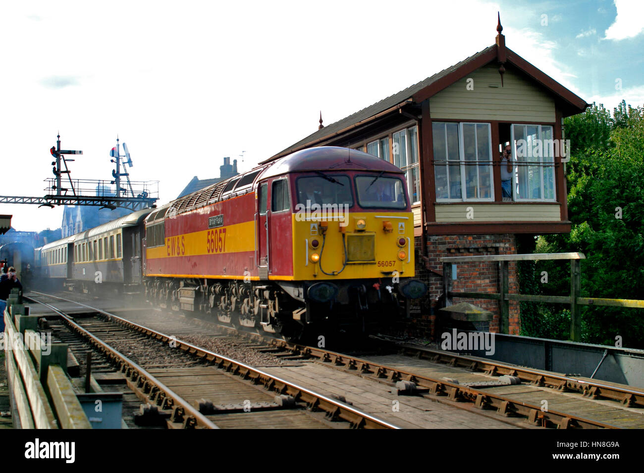 EWS diesel locomotive, number 56057, leaving Wansford Station, Nene ...