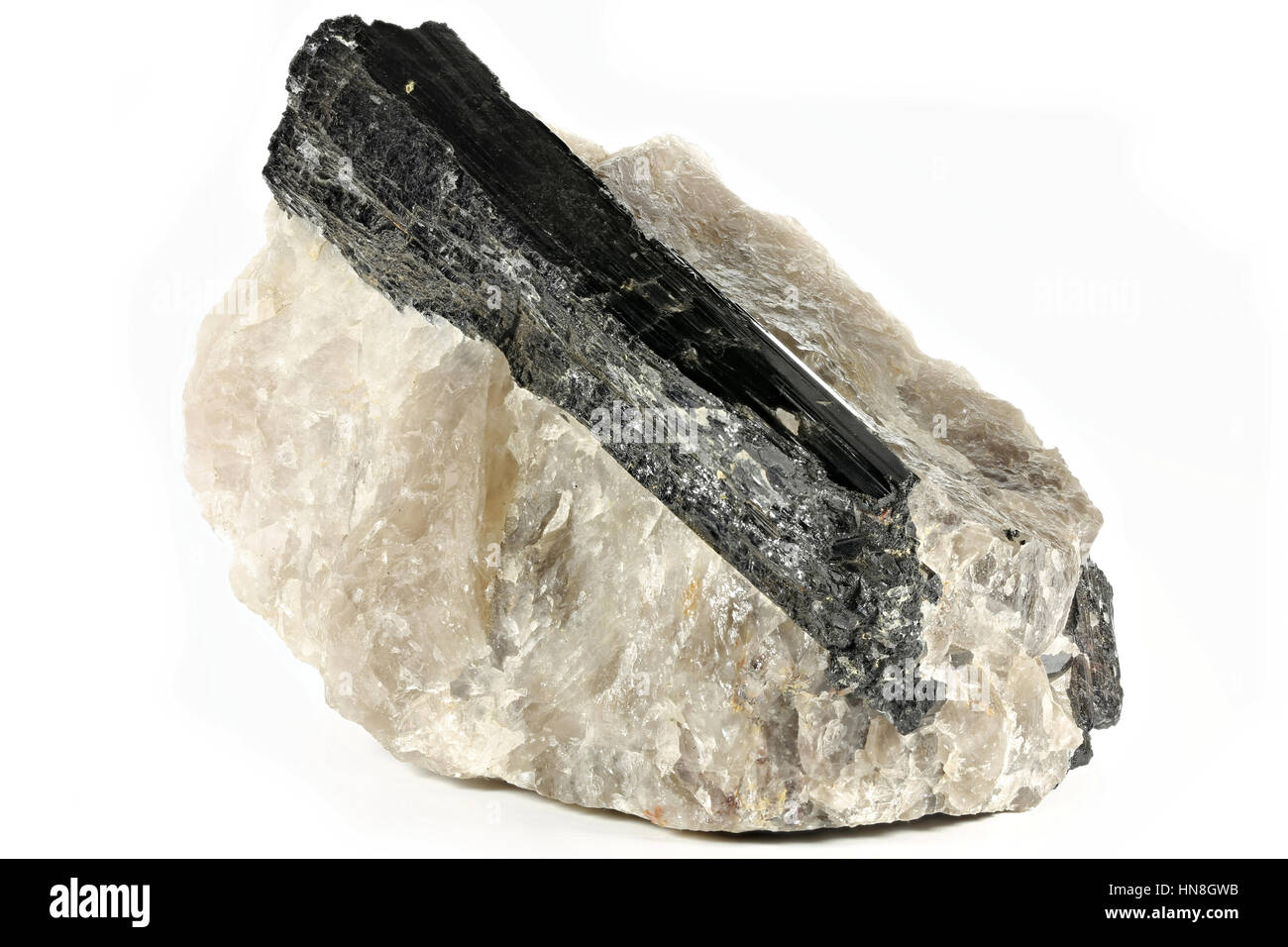 black tourmaline on quartz isolated on white background Stock Photo - Alamy