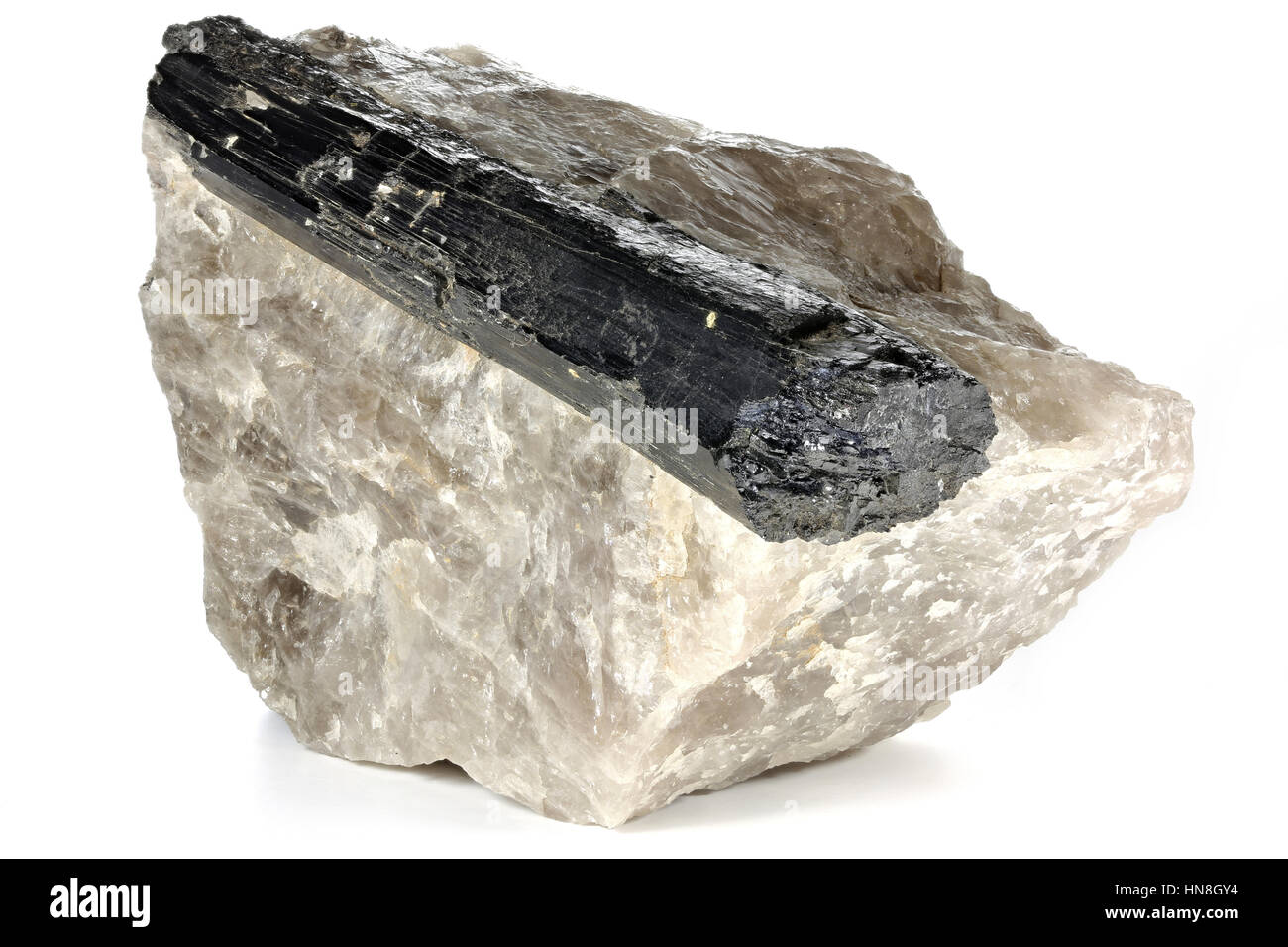black tourmaline on quartz isolated on white background Stock Photo - Alamy